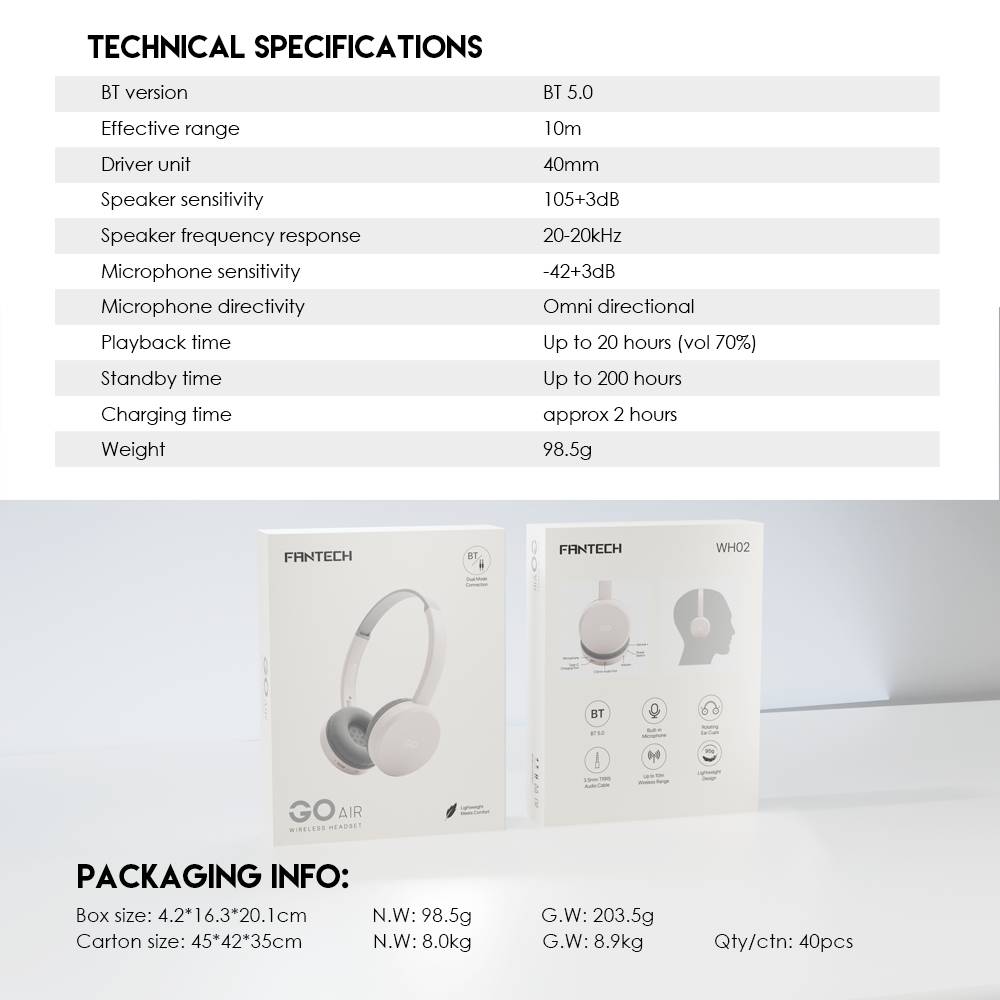 Fantech WH02 GO Air Bluetooth 5.0 Wireless Headphone Dual Connection
