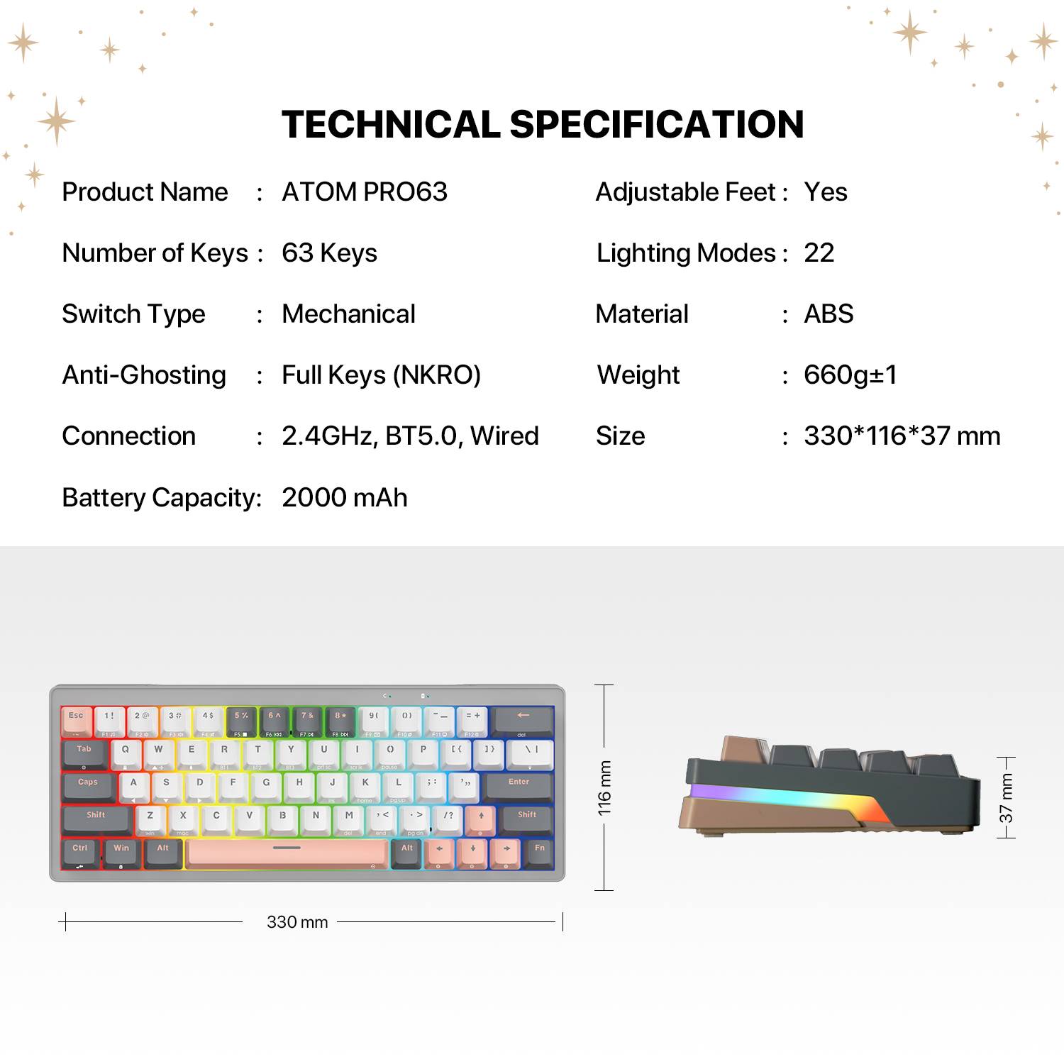 FANTECH small wireless keyboard 60%, 3 connection modes USB2.4 Ghz ...