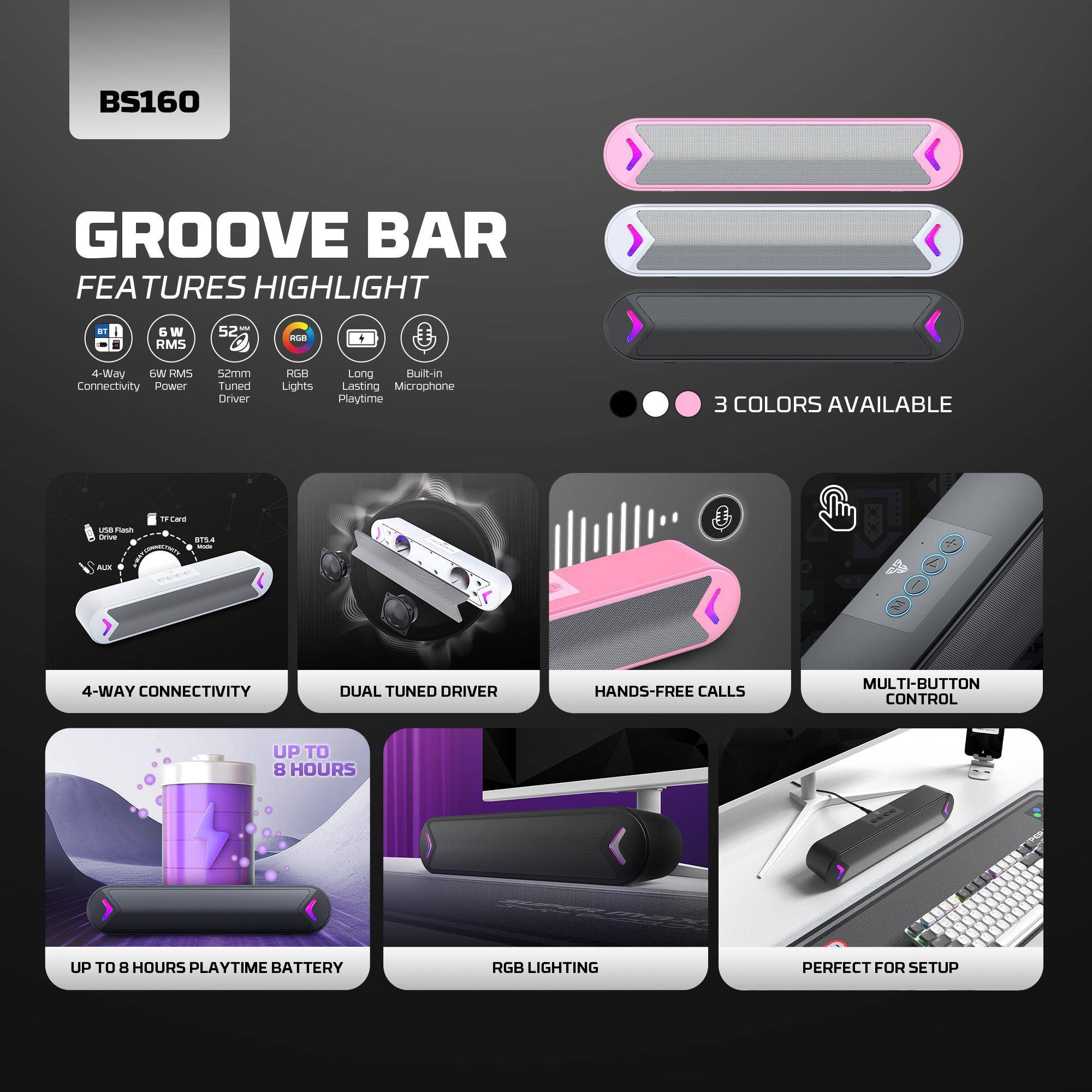 FANTECH BS160 Groove Bar – Portable Gaming Speaker with RGB Lighting, 6W Stereo Sound, Multi ...