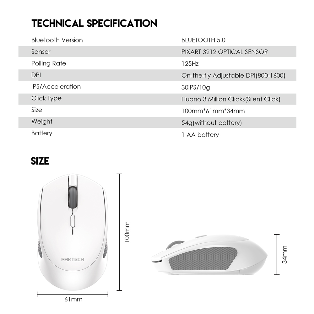 FANTECH W190 DUAL MODE 2.4Ghz and Bluetooth Wireless Mouse Up to 200 ...