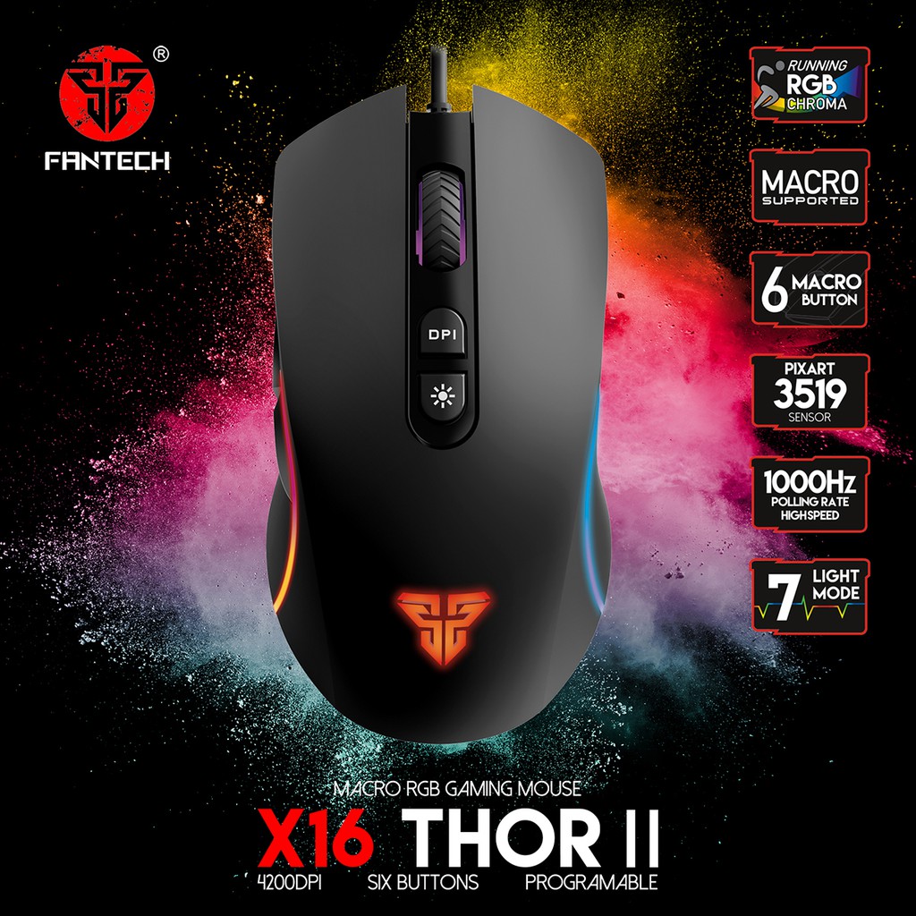 FANTECH X16 THOR II MACRO RUNING RGB 4200 DPI GAMING MOUSE PIXART 3519 ...